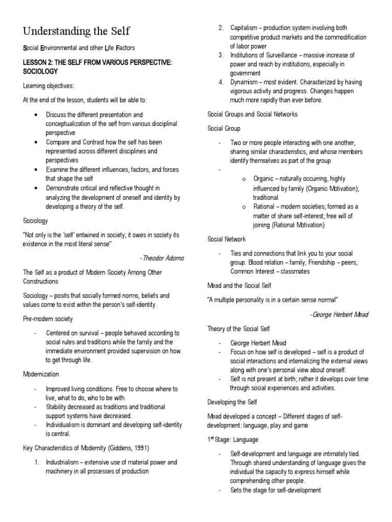 Lesson 2 - The Self From Various Perspective - Sociology | Download ...