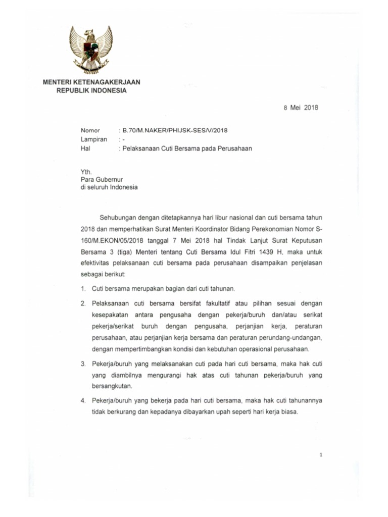 Surat Edaran Menteri Tenaga Kerja Nomor B.70 M.NAKER PHIJSK-SES V 2018 - Pelaksanaan Cuti ...