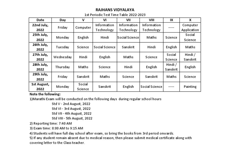 1st Periodic Test Time Table 2022-2023 | PDF