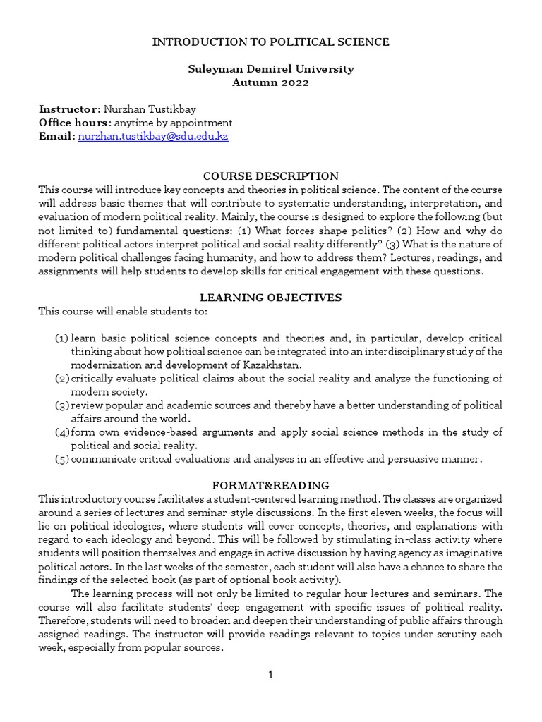 Syllabus for Intro to Political Science | PDF | Test (Assessment) | Science