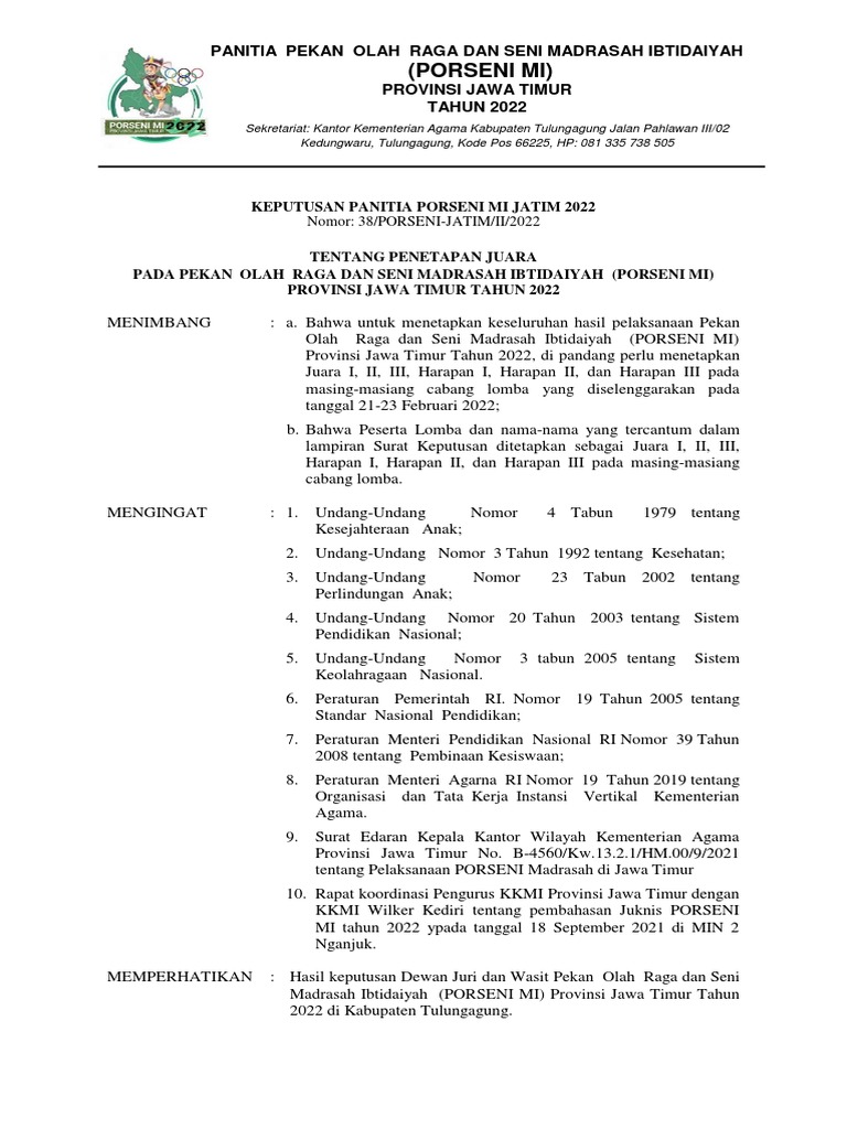 SK Penetapan Juara Porseni MI Jatim 2022 | PDF