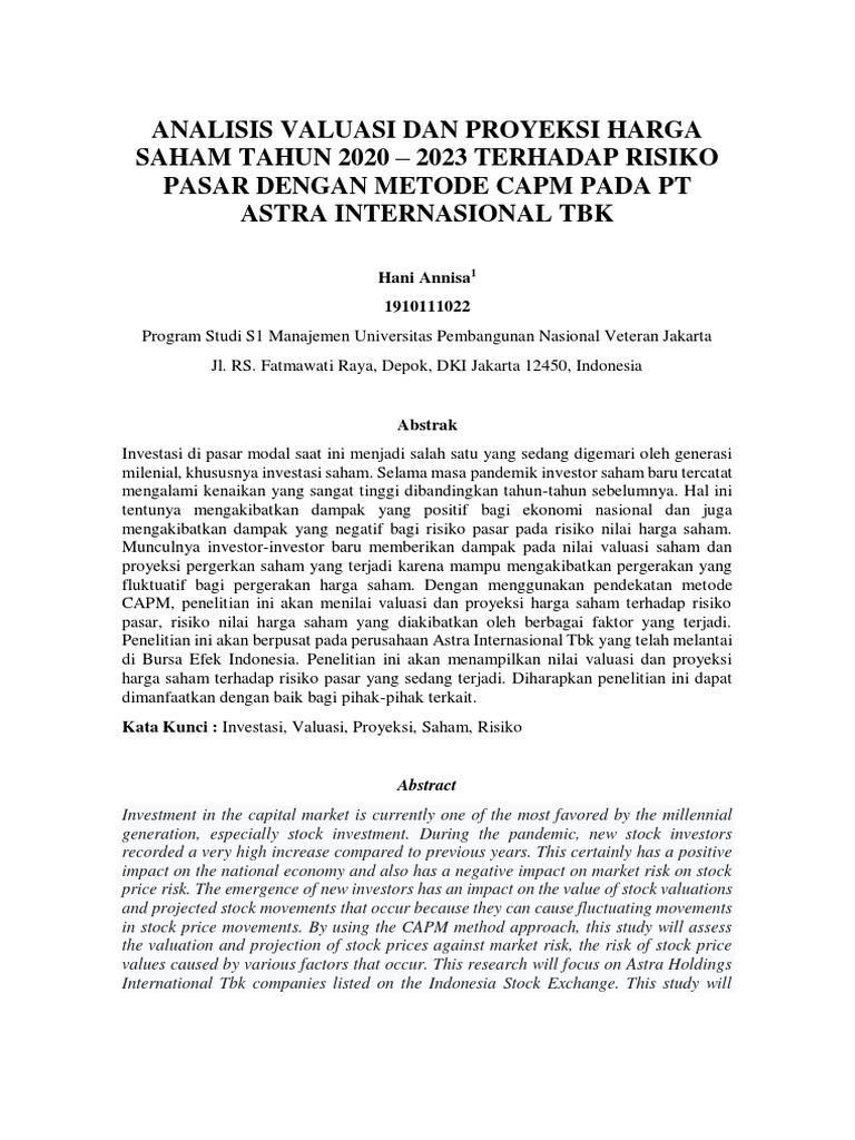 Analisis Valuasi Dan Proyeksi Harga Saham Tahun 2020 - 2023 Terhadap Risiko Pasar Dengan Metode ...