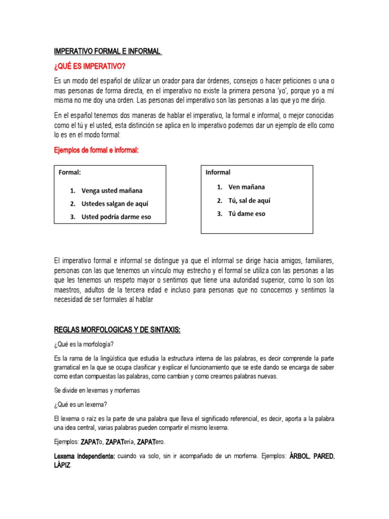 Imperativo Formal e Informa y Reglas Morfologicas | PDF | Verbo | Palabra