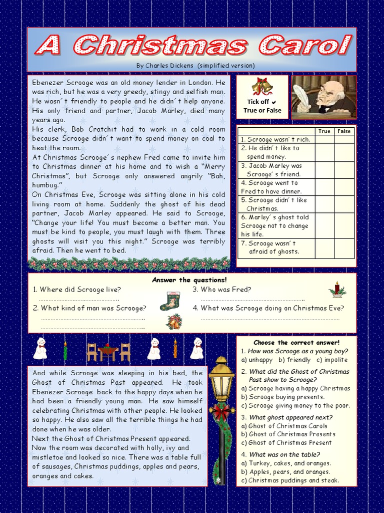 A Christmas Carol Simplified Version Key Included Reading Comprehension ...