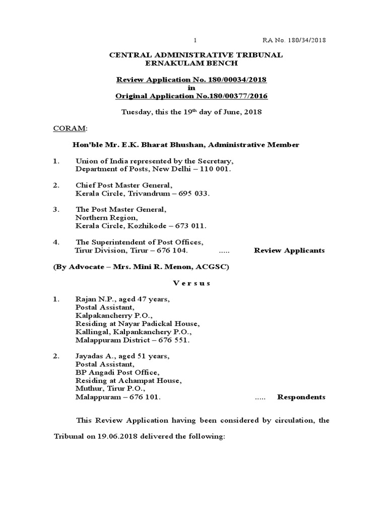 Central Administrative Tribunal Ernakulam Bench Review Application No ...