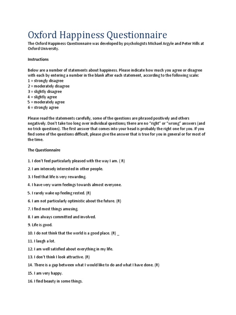 Oxford Happiness Questionnaire | Download Free PDF | Questionnaire ...