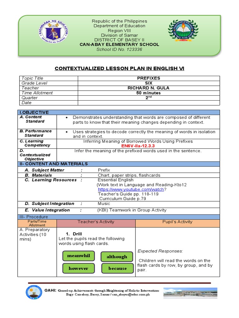 Lesson Plan in ENGLISH 6 | PDF | Flashcard | Lesson Plan