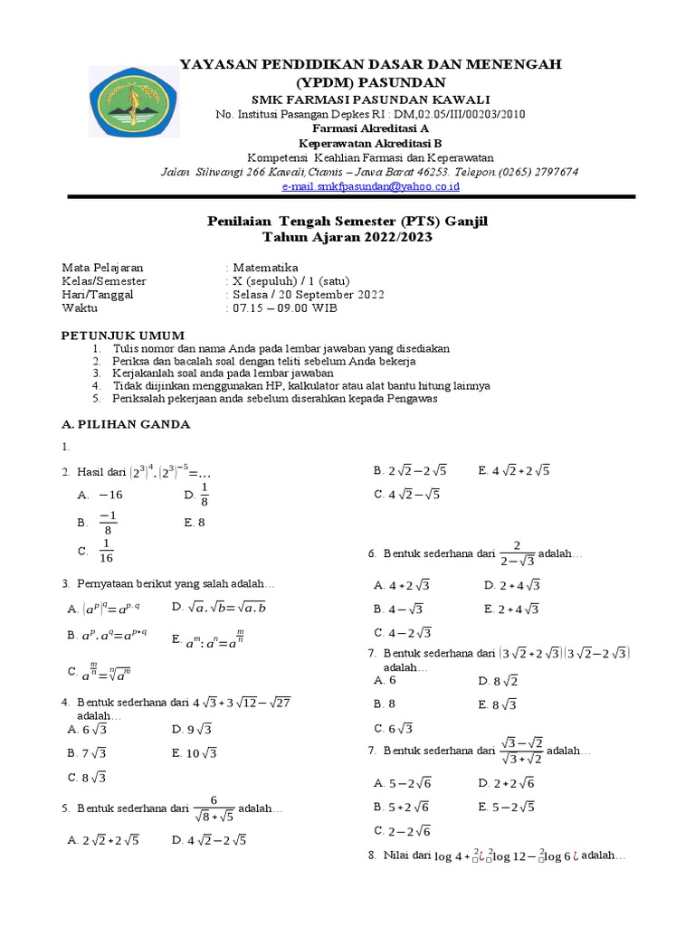 Soal PTS Kelas X Semester 1 | PDF