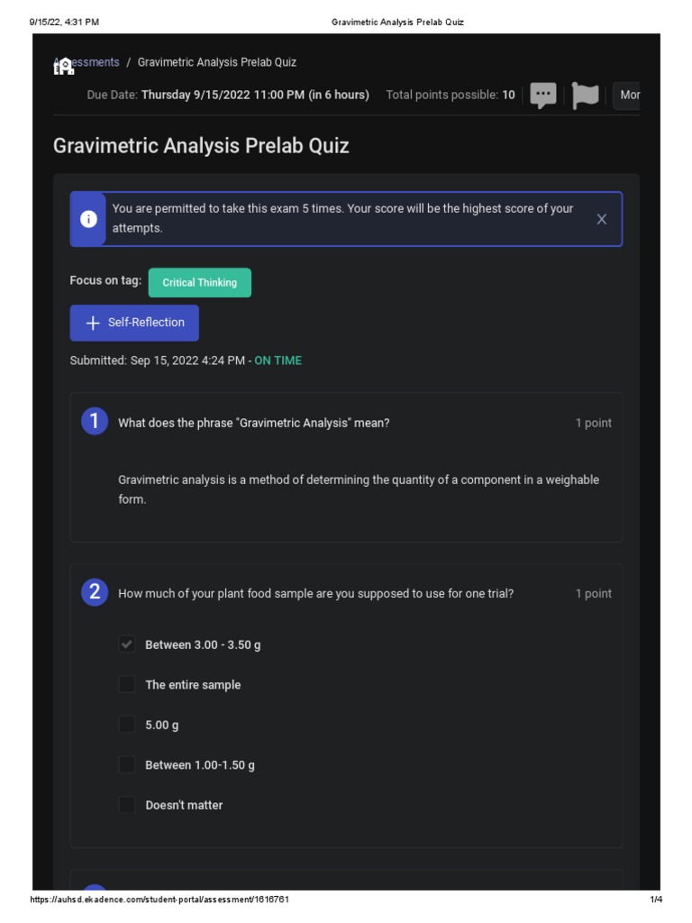 Gravimetric Analysis Prelab Quiz | PDF | Fertilizer | Physical Sciences