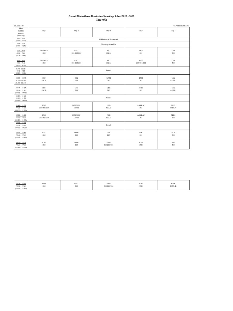 Carmel Divine Grace Foundation Secondary School 2022 - 2023 Time-Table | PDF