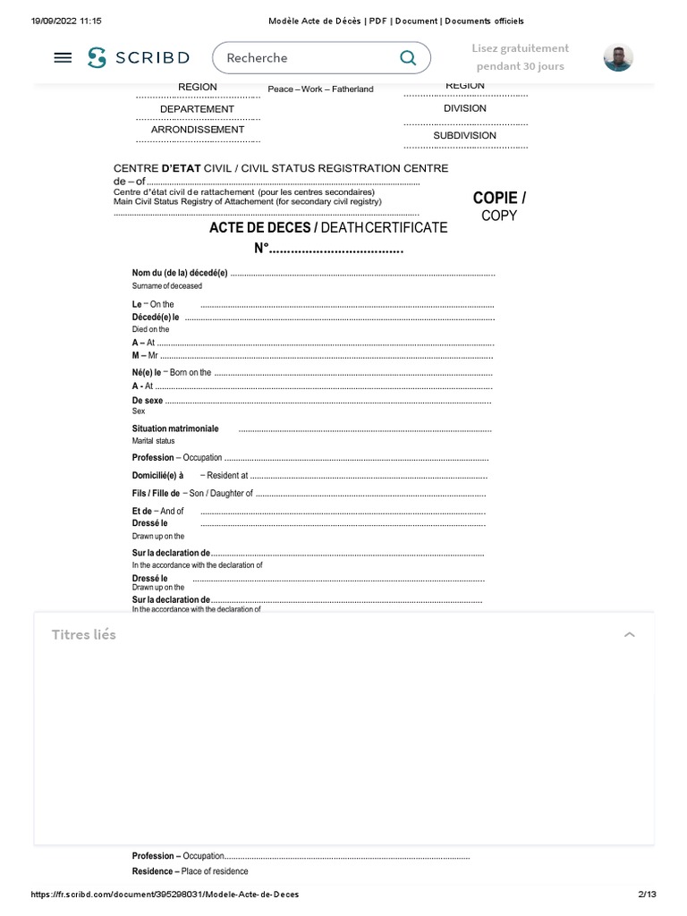 Modèle Acte de Décès - PDF - Document - Documents Officiels | PDF ...