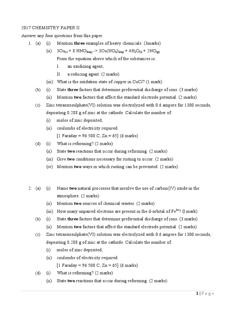 Chemistry Paper Ii | PDF | Redox | Zinc