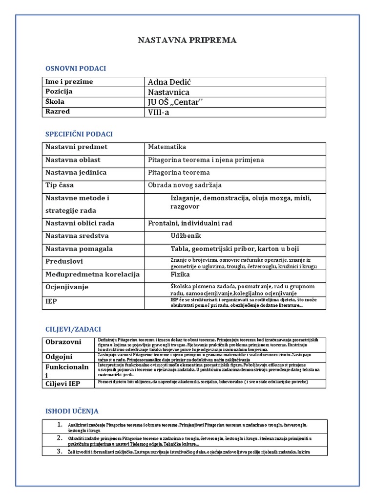 Nastavna Priprema | PDF