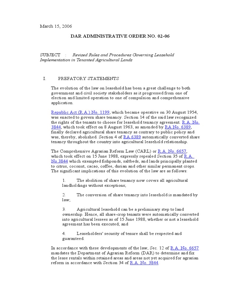 Dar Administrative Order No. 02-06 | PDF | Leasehold Estate | Lease