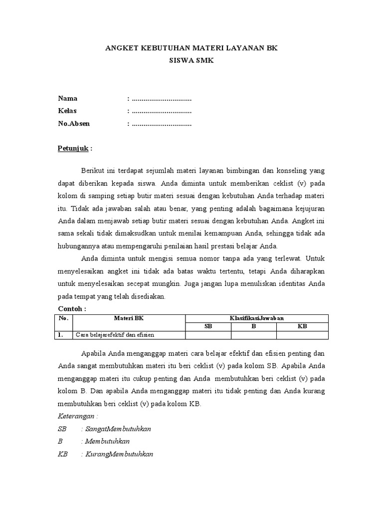 Angket Kebutuhan Materi BK-SMK | PDF