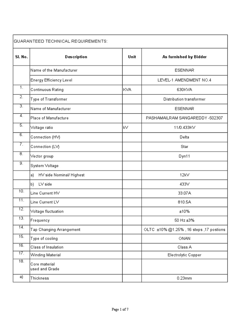 630 KVA Transformer GTP 19-09-2022 | PDF | Transformer | Electromagnetism