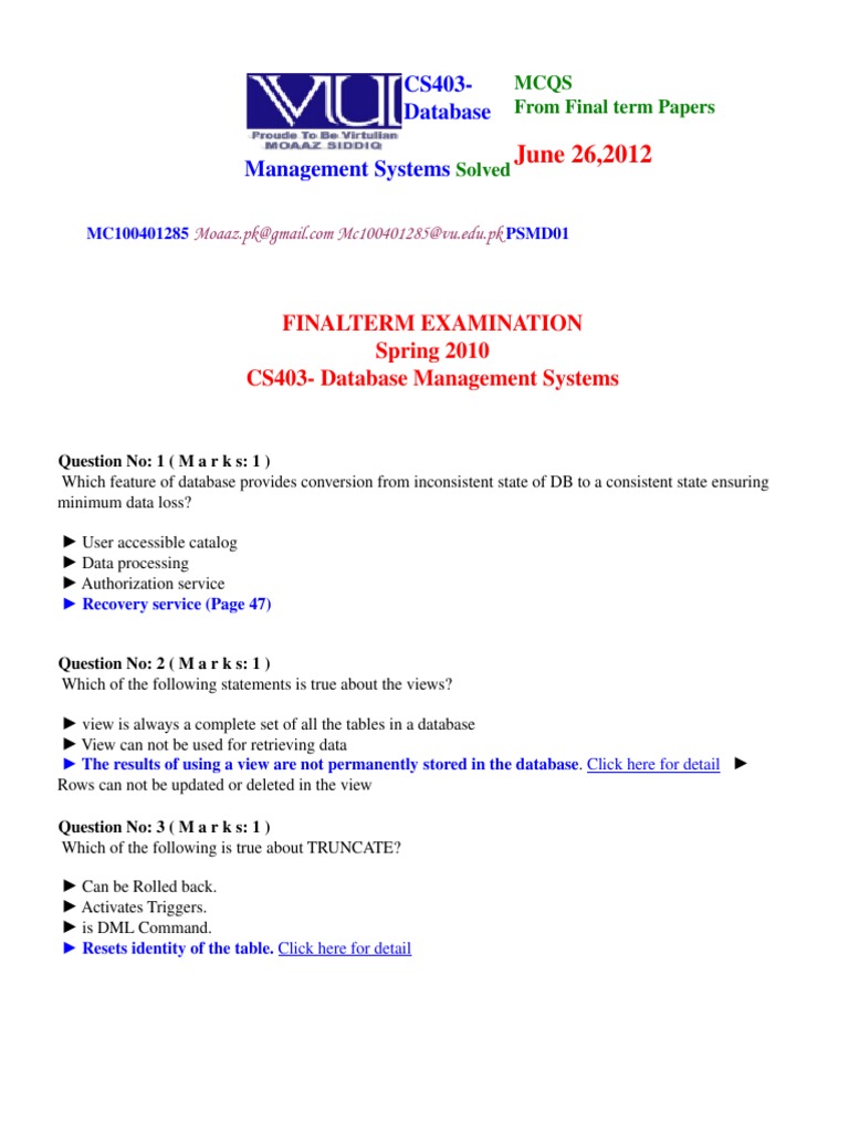 Cs403-Finalterm Solved MCQS With References by Moaaz | PDF | Relational Database | Database Index