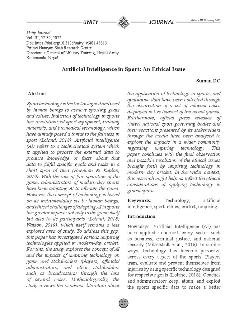Artificial Intelligence in Sport: An Ethical Issue: Unity Journal | PDF ...