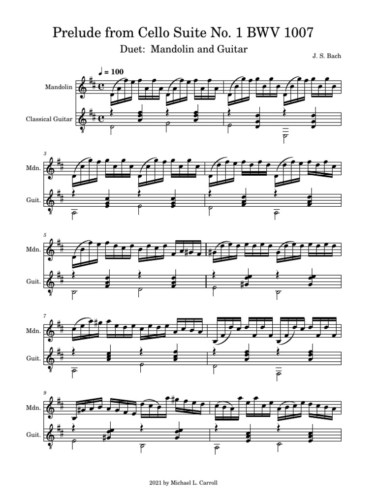 Bach Cello Suite No. 1 for Mandolin & Guitar | PDF | Classical Music ...