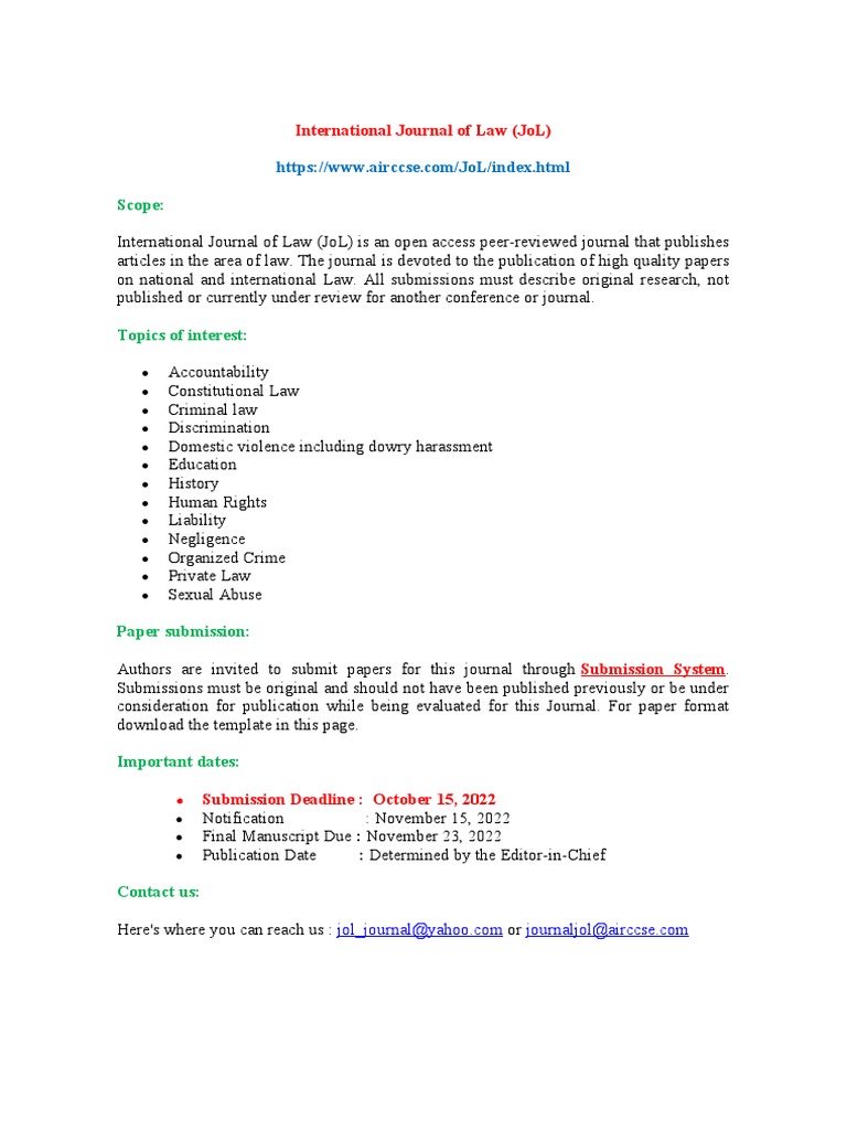 Call For Papers - International Journal of Law (JoL) | PDF | Politics | Law