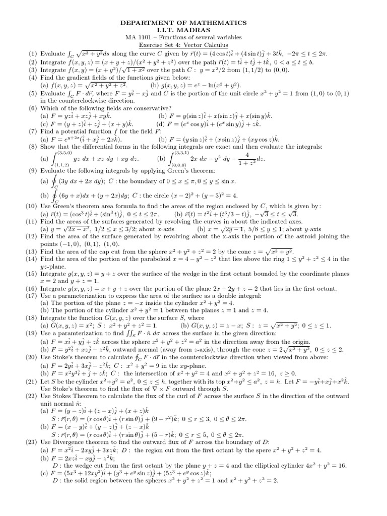 Vector Calculus Problems Involving Line Integrals, Surface Integrals ...