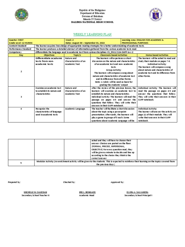 Weekly Learning Plan - Eapp | Download Free PDF | Learning | Teaching