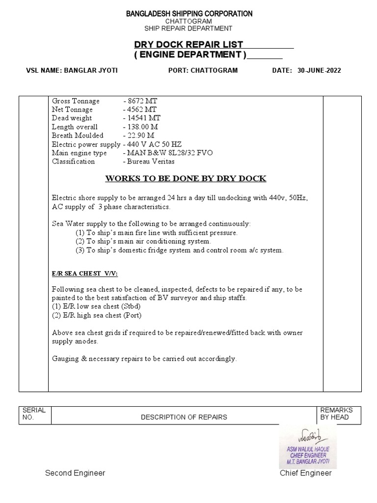 Banglar Jyoti Repair List by Dry Dock (Engine Dept) | PDF | Propeller | Rudder