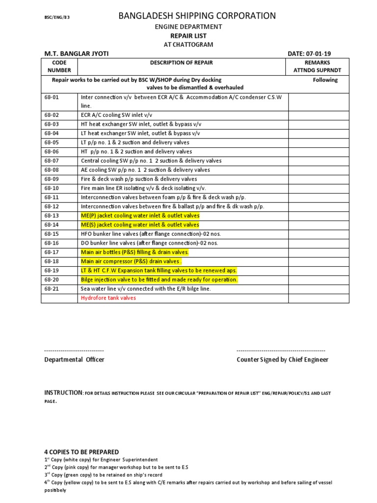Dry dock repair list By BSC WS | PDF | Pump | Propeller