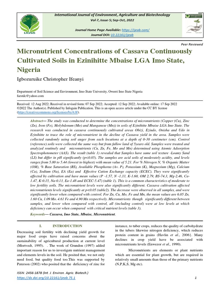 Micronutrient Concentrations of Cassava Continuously Cultivated Soils ...