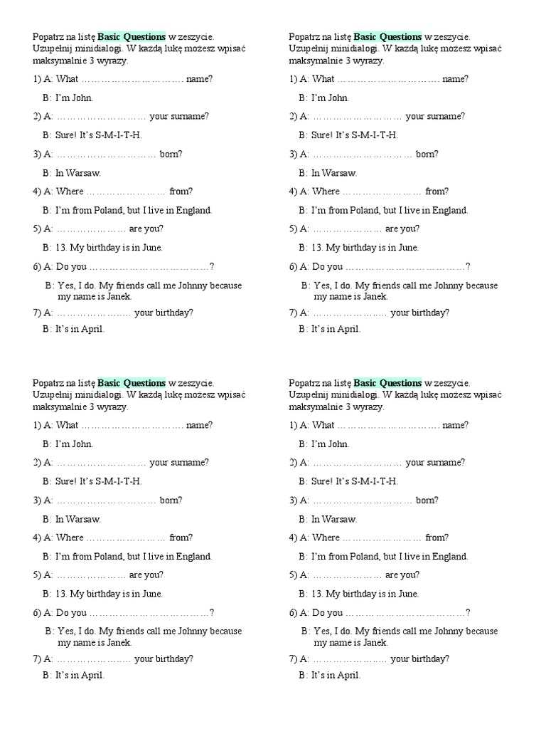 Basic Questions Mini Dialogues | PDF