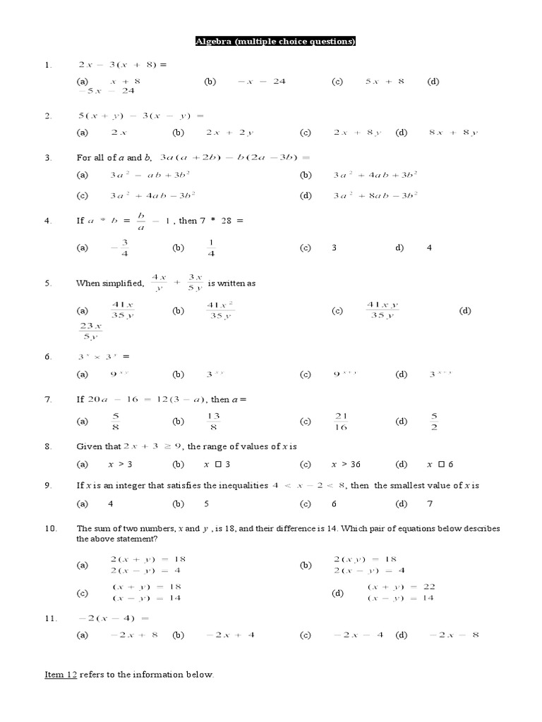 Algebra (Multiple Choice) | PDF | Algebra | Discrete Mathematics