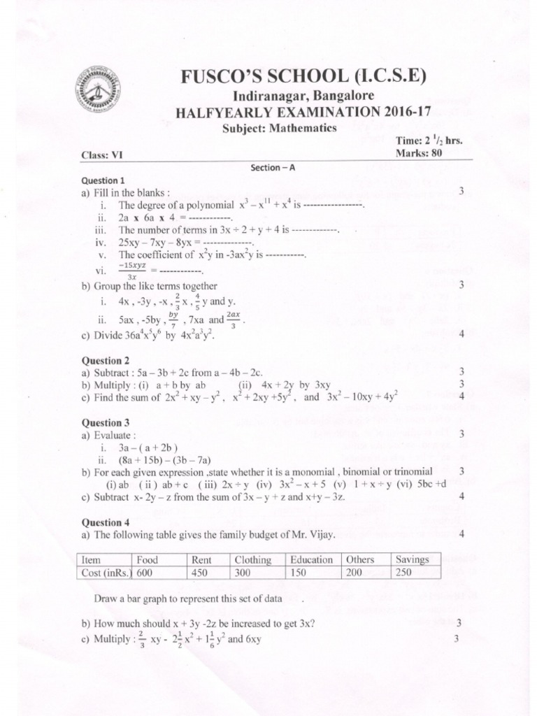 ICSE Class 6 Maths Half Yearly Model Exam | PDF