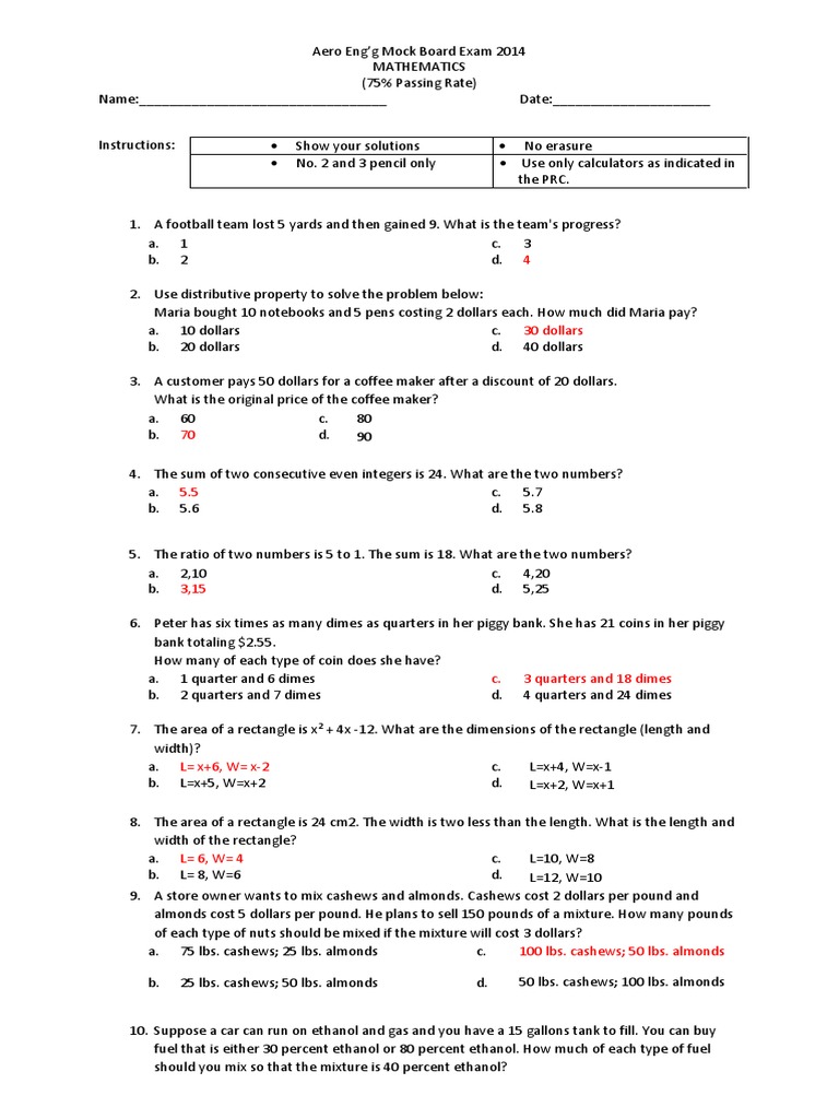 Aero Engg Mock Board Exam Mathematics 2014-Answer Keys | Download Free PDF | Mathematics | Geometry