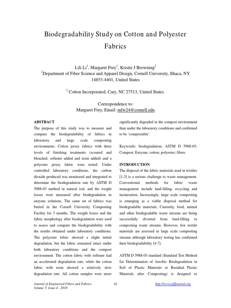 Biodegradability Study On Cotton and Polyester Fabrics 2010 | PDF ...