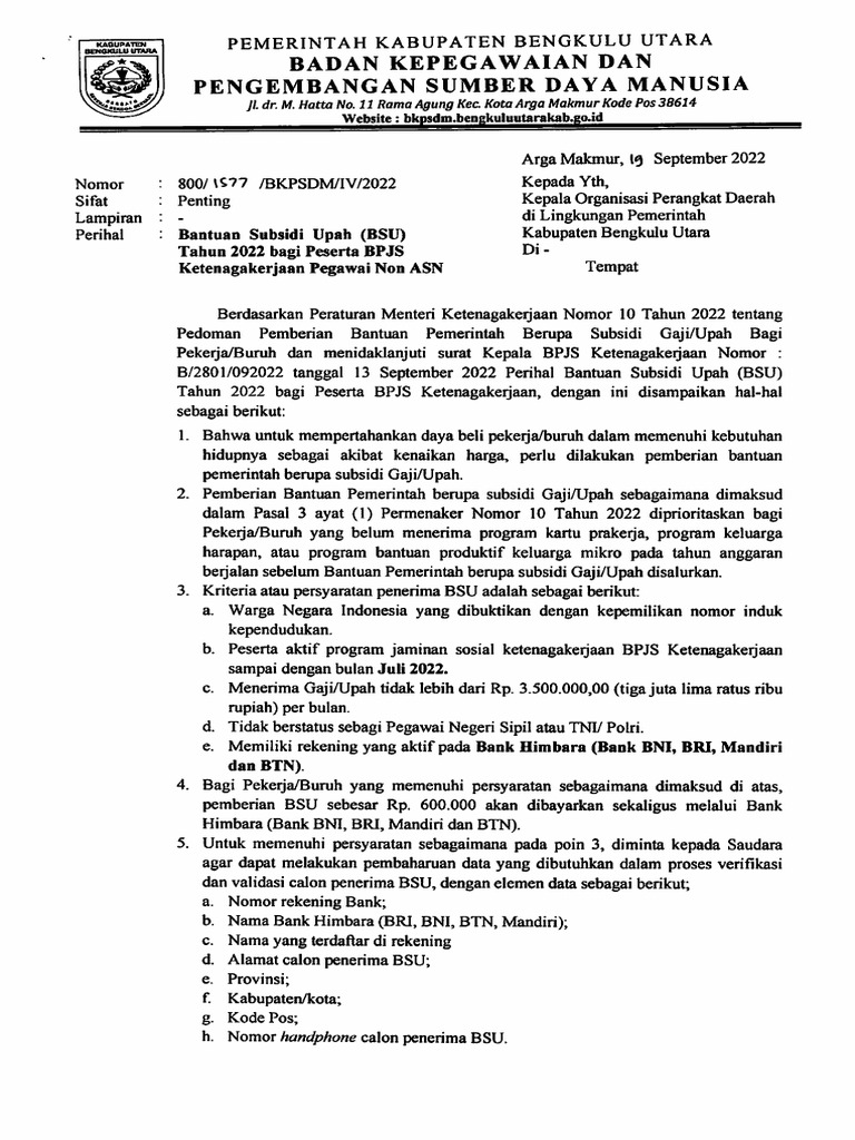 Surat BSU BPJS Ketenagakerjaan | PDF