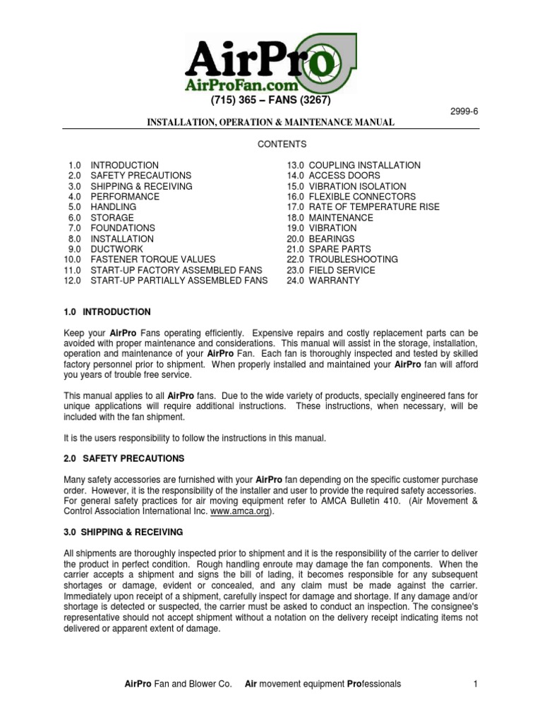Air Pro Fans IOM - 2999-6 | PDF | Belt (Mechanical) | Duct (Flow)