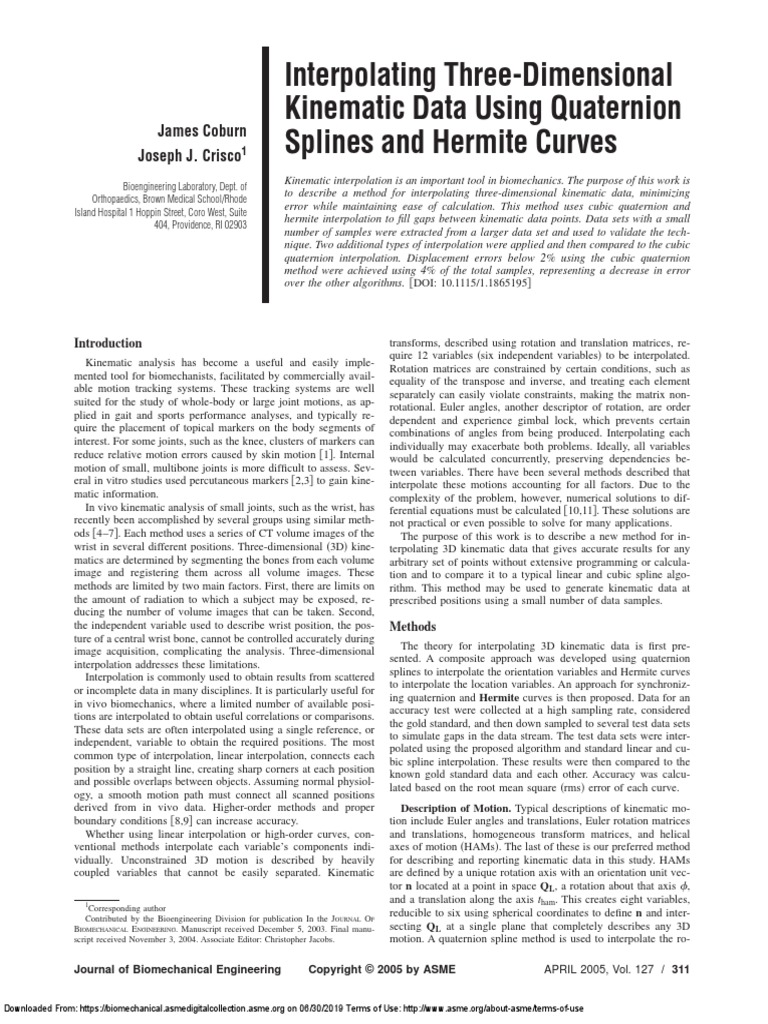 Interpolating Three-Dimensional Kinematic Data Using Quaternion Splines and Hermite Curves | PDF ...