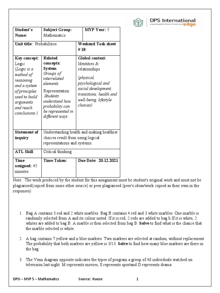 Math Task Sheet 19 MYP 5 | Download Free PDF | Logic | Thought