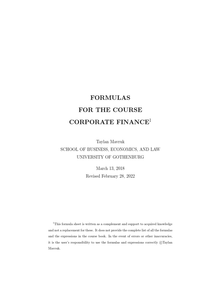 Formula Sheet Corporate Finance | PDF | Capital Asset Pricing Model ...