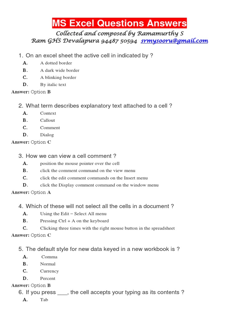 MS Excel Questions and Answers Guide | PDF | Microsoft Excel | Spreadsheet