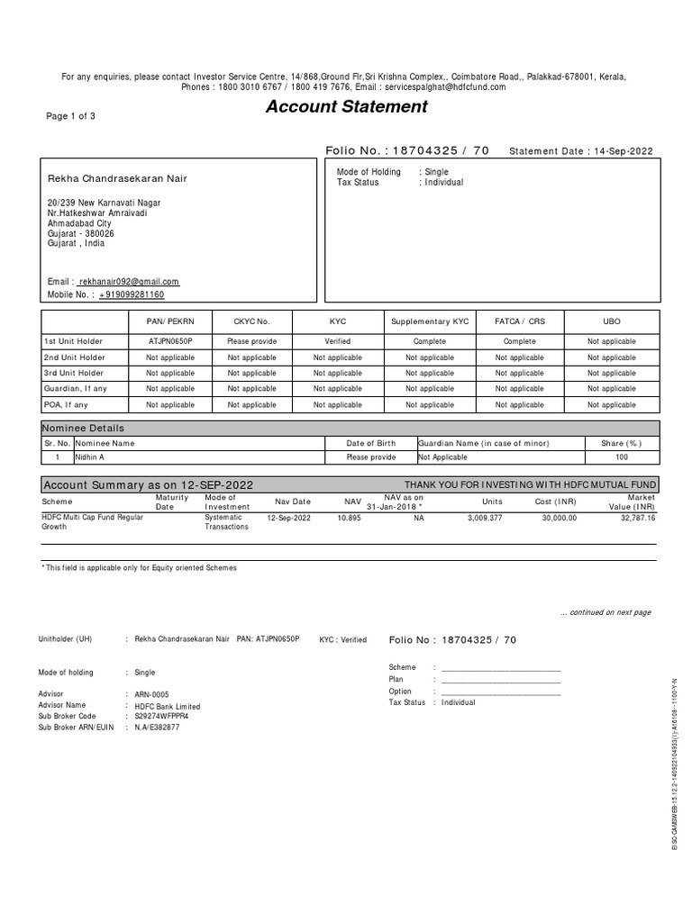 HDFC Mutual Fund Account Statement for Rekha Chandrasekaran Nair ...