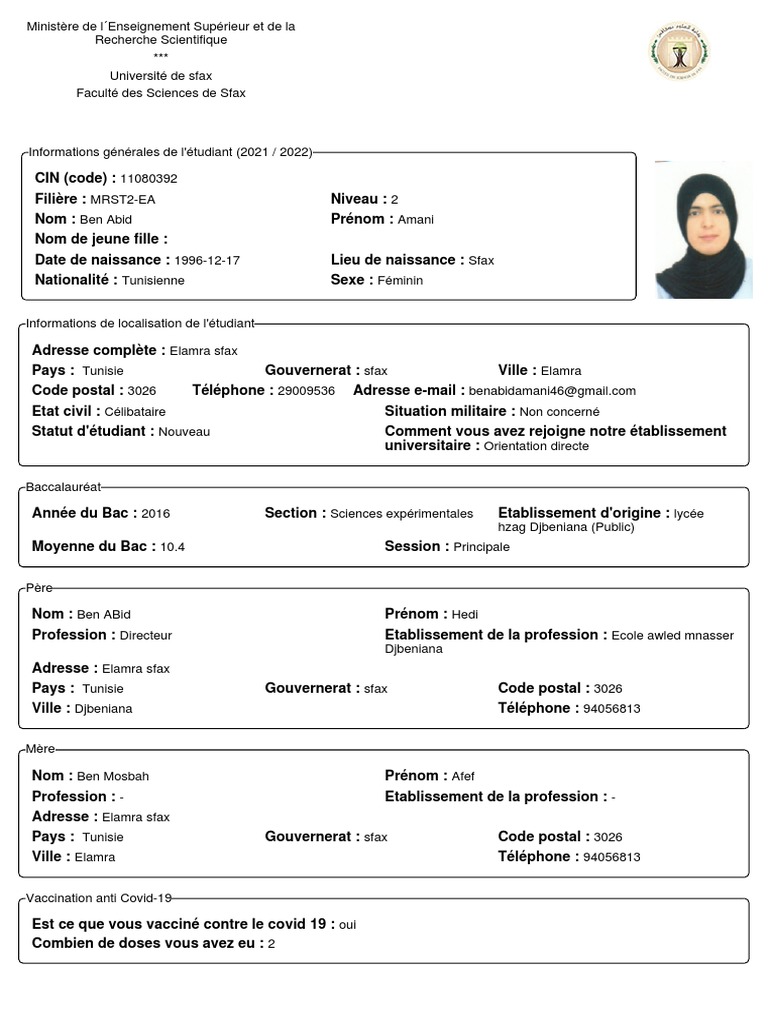 Fiche de renseignement étudiant Sfax | PDF