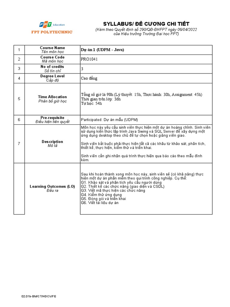 PRO1041 - Du An 1 (UDPM - Java) - Syllabus - SU22 | PDF