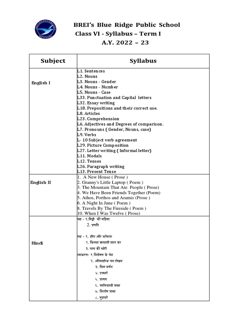 I Term Syllabus Timetable VI Brps | PDF | Noun | Verb