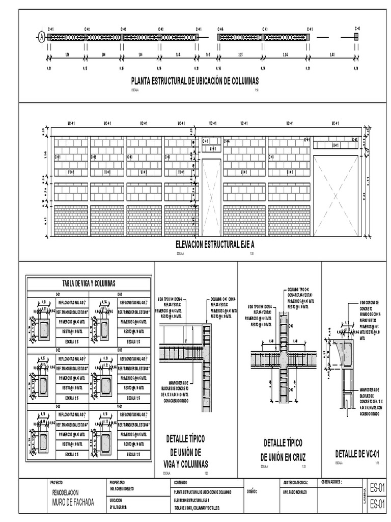 ES-01-Planta Estructural de Distribucion de Columnas, Elevacion Estructural y Detalles | PDF