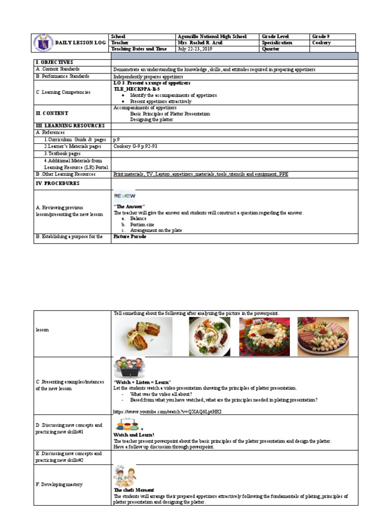 Grade 9 Cookery: Appetizer Prep | PDF | Learning | Teachers