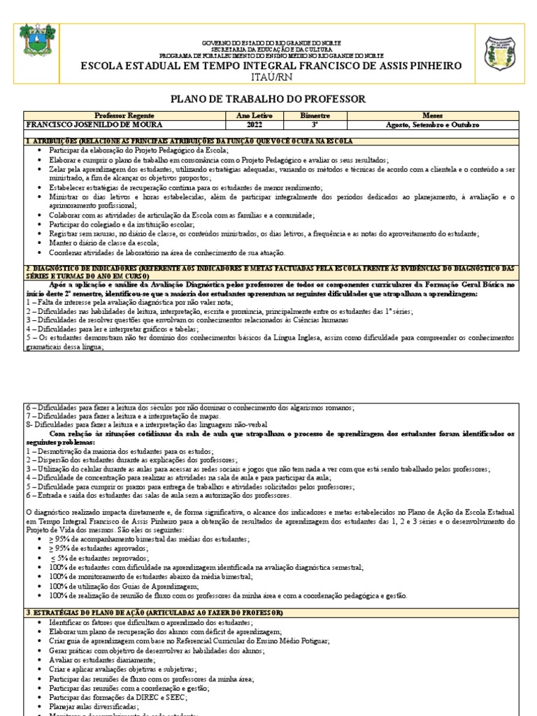PLANO DE TRABALHO - PROFESSOR Josenildo | PDF | Pedagogia | Aprendizado