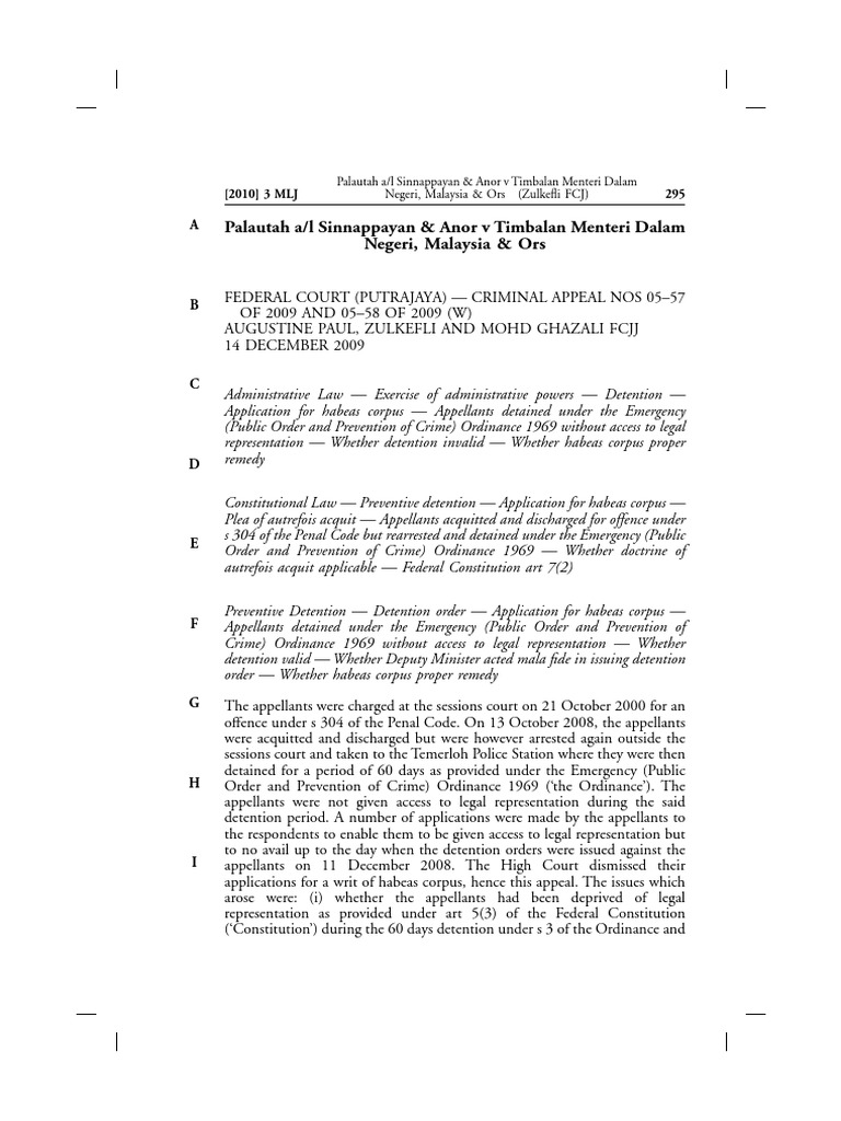 Palautah Al Sinnappayan & Anor V Timbalan Menteri Dalam Negeri, Malaysia & Ors | PDF | Remand ...