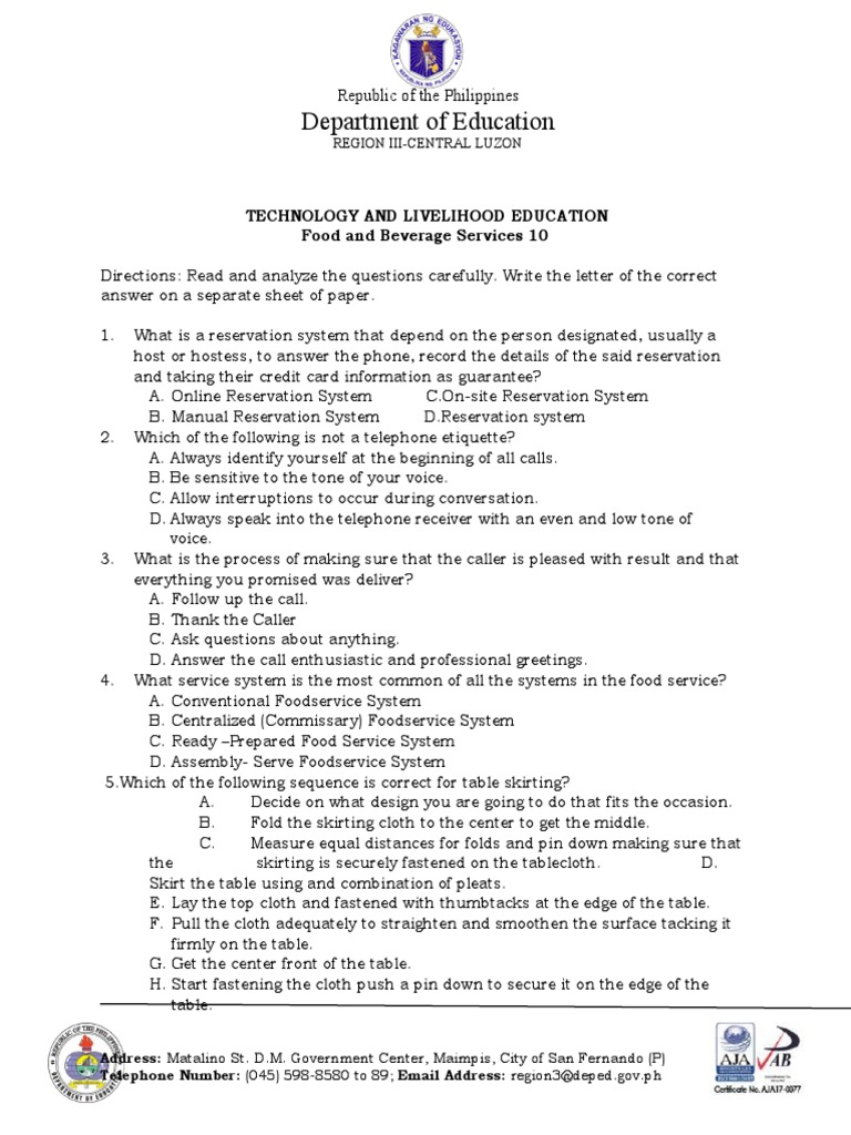 RO3 Exam Practice Questions for TLE | PDF | Waiting Staff | Menu