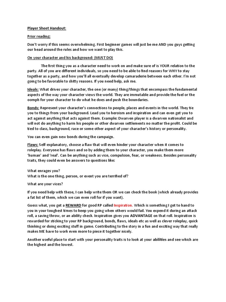 Player Sheet Handout | PDF | Tabletop Games | Entertainment